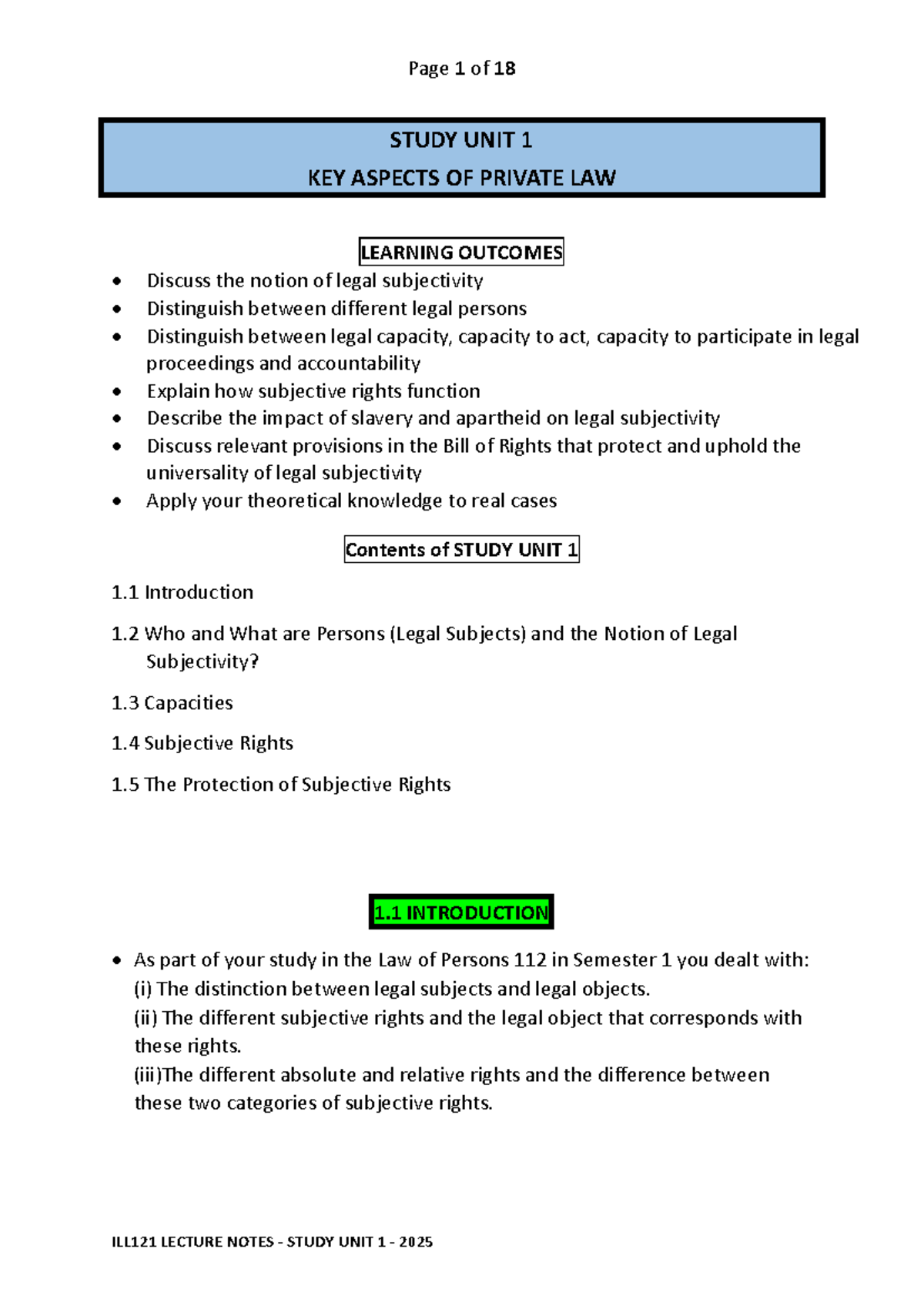 ILL121 Lecture Notes: Key Aspects of Private Law - Study Unit 1 (2025 ...