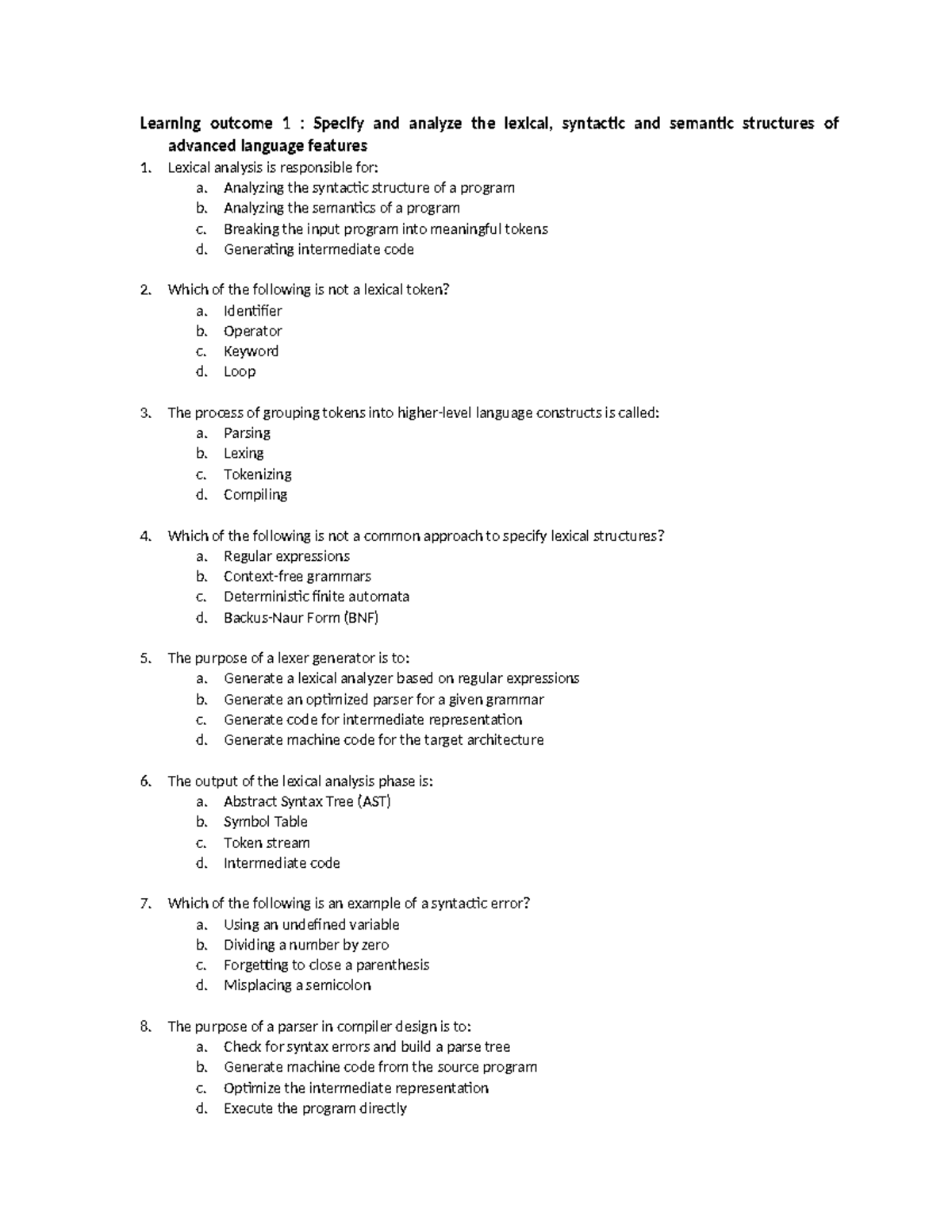Compiler Design MCQ based on Learning outcome - Learning outcome 1 ...