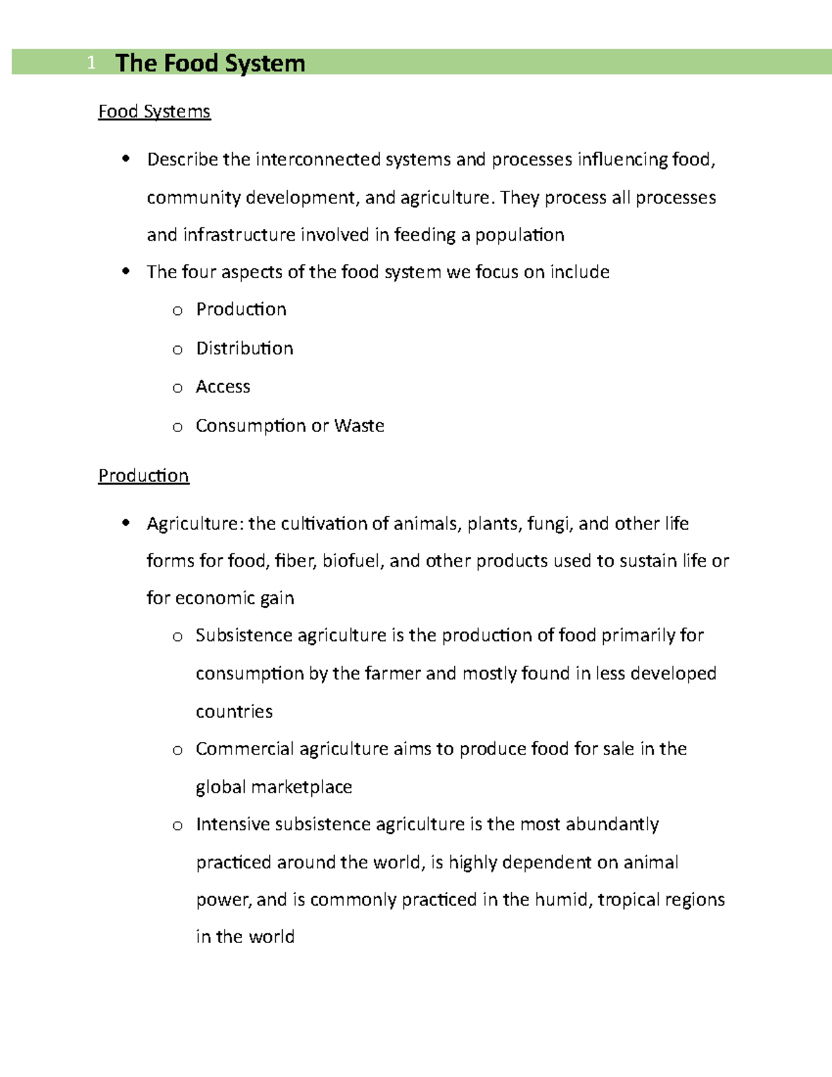 The Food System - Notes - Food Systems Describe the interconnected ...