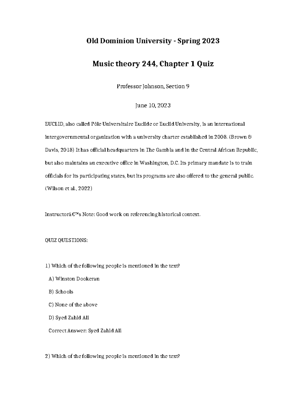 Music Theory 244 Chapter 1 QUIZ - Old Dominion University - Spring 2023 Music theory 244 ...