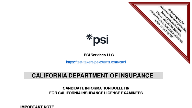 PSI Services LLC Candidate Info Bulletin for CA Insurance Exam - Studocu