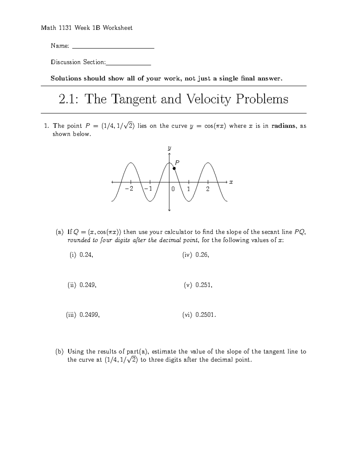 Math 1131 Week 1B Worksheet Solutions and Discussion - Studocu
