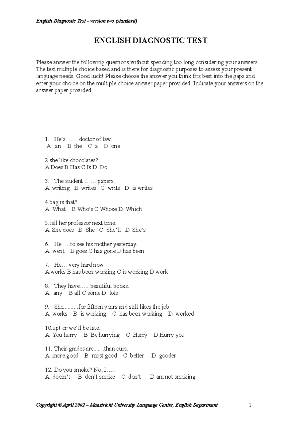 English test - iNGLES - English Diagnostic Test – version two (standard ...