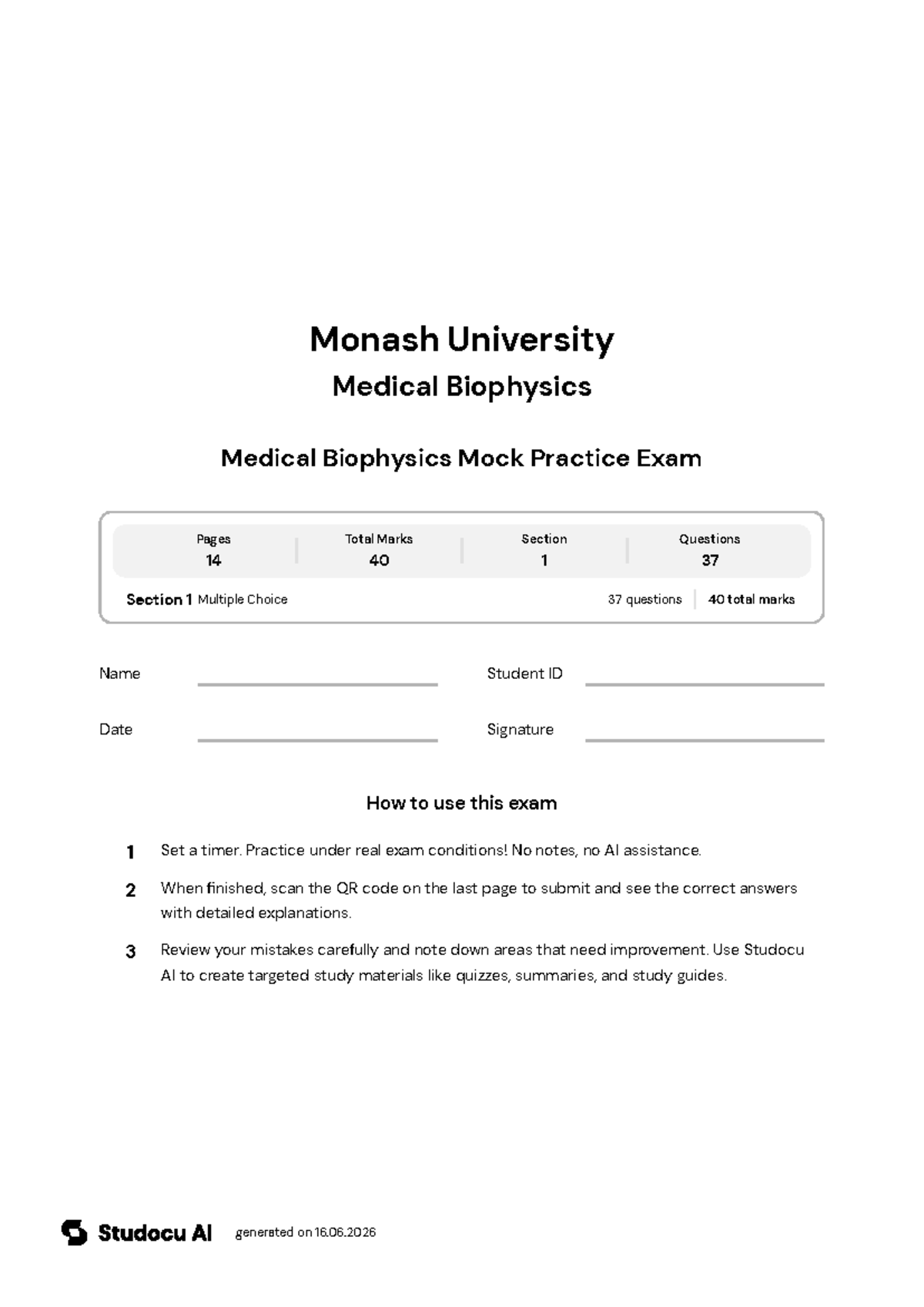 Medical Biophysics Mock Practice Exam - Studocu