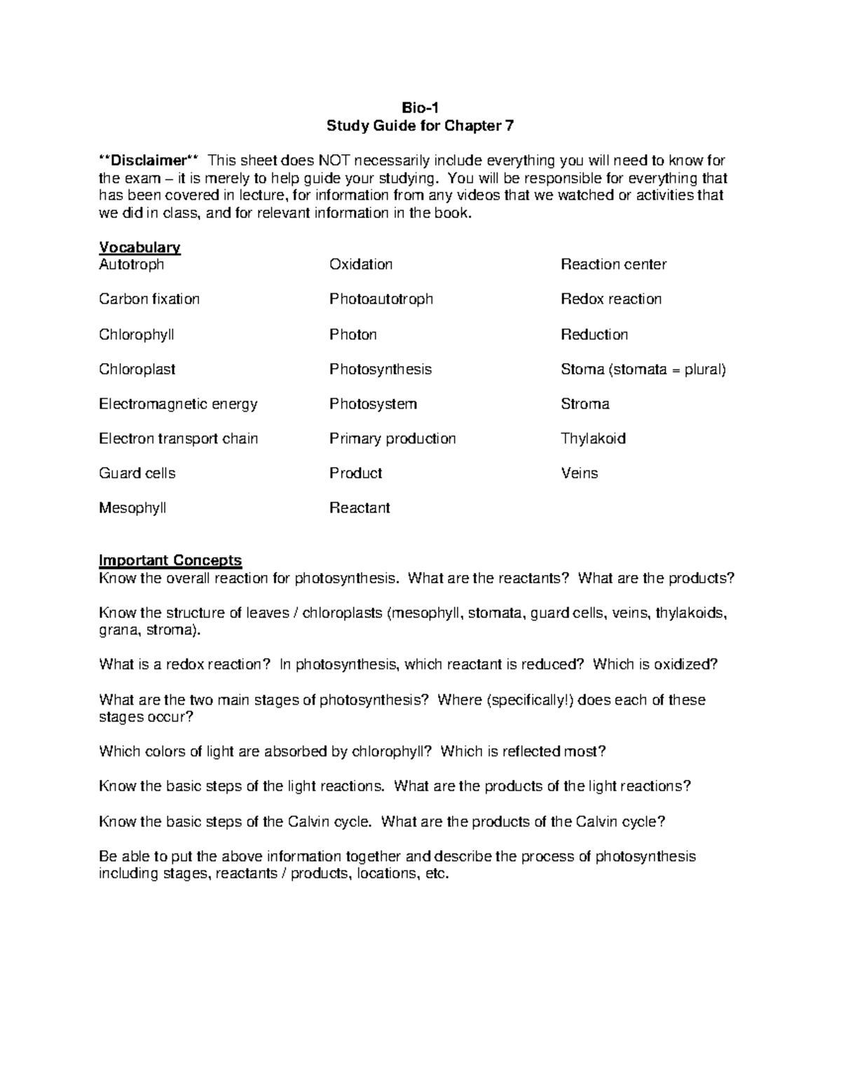 Study Guide for Bio-1 Chapter 7: Photosynthesis Essentials - Studocu