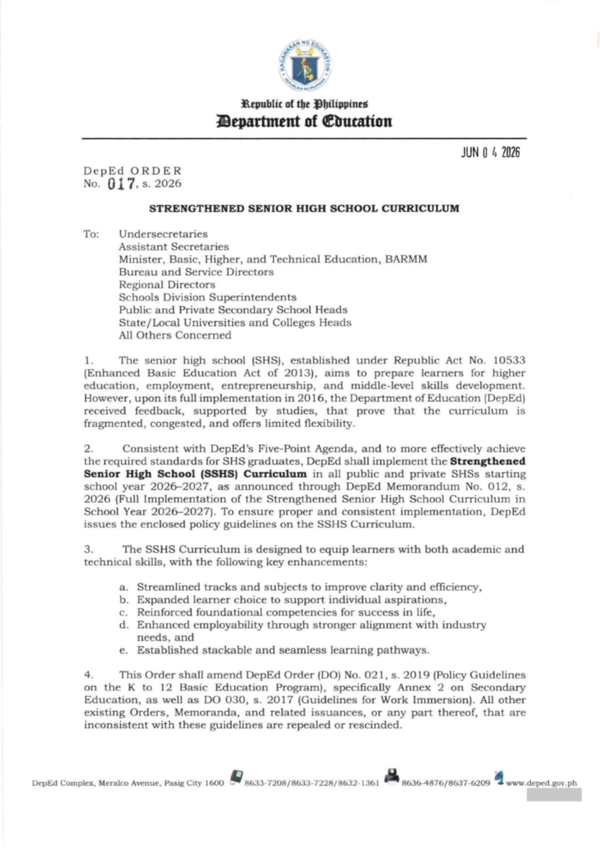 DepEd Order No. 017, S. 2026: Strengthened Senior High School ...