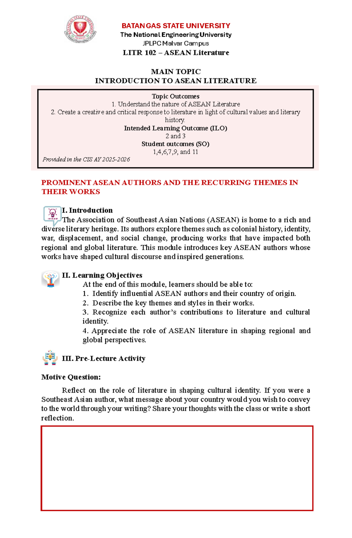 LITR 102 ASEAN Literature: Influential Authors & Themes Chapter 1 - Studocu
