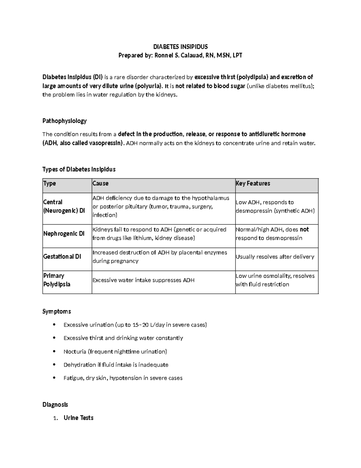 Diabetes Insipidus Overview and Nursing Management Notes - Studocu