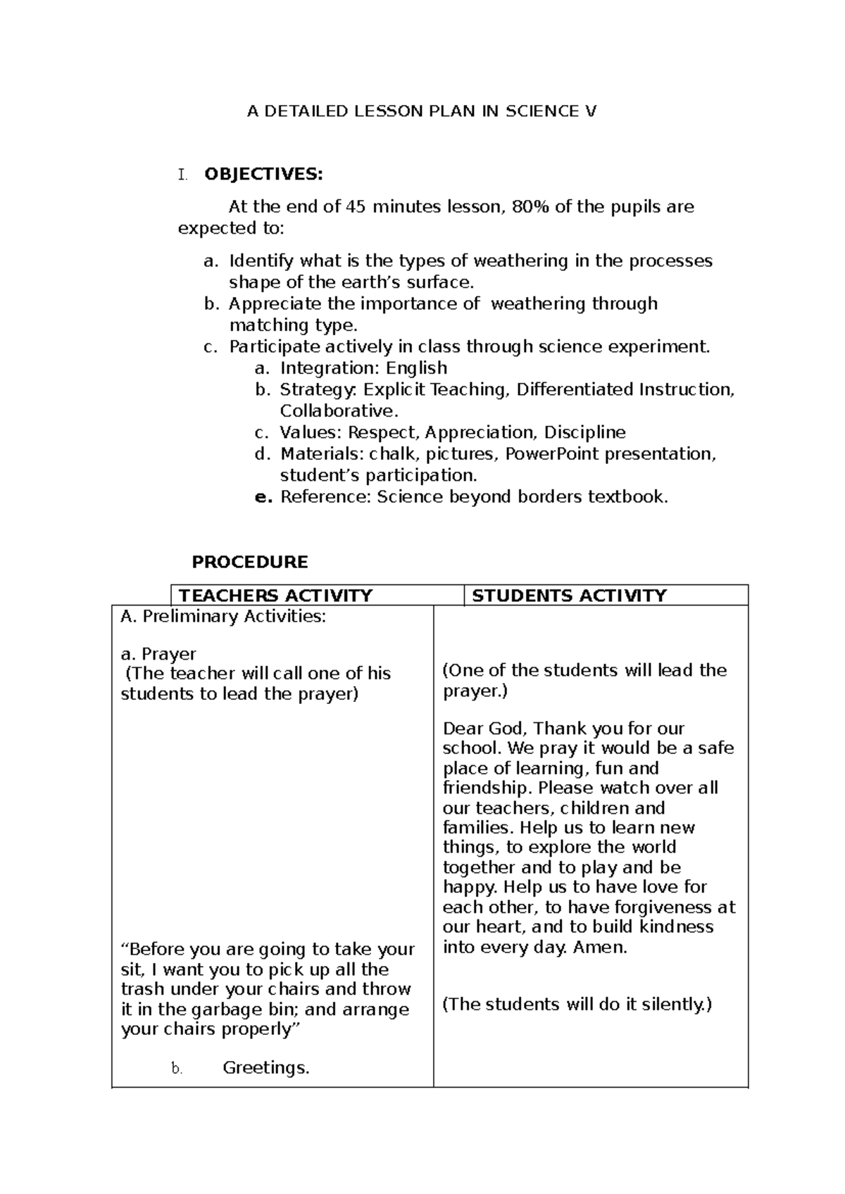 Detailed Lesson Plan: Weathering Processes in Science V - Studocu