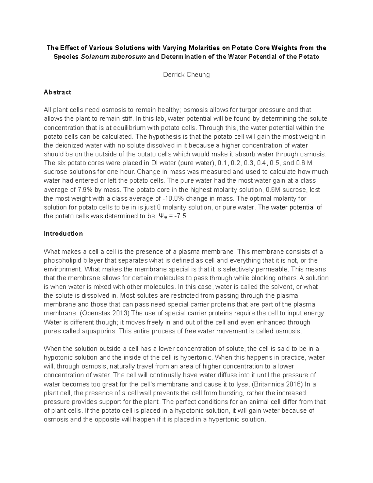 Water Potential Lab - The Effect of Various Solutions with Varying ...
