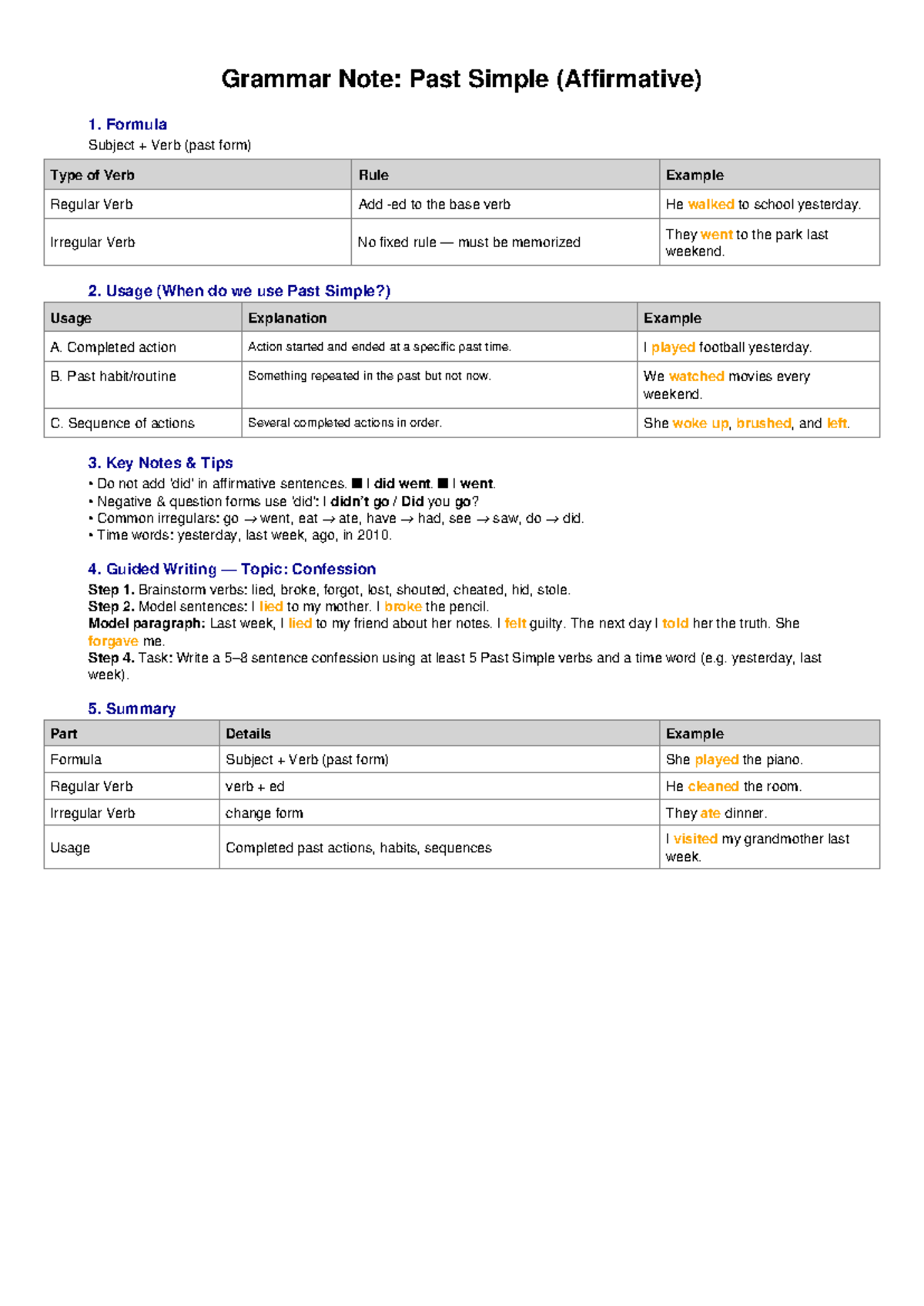 Grammar Note: Past Simple (Affirmative) - Mr Akal's Guide - Studocu