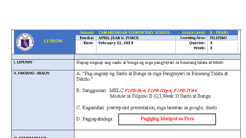 Filipino 3 Lesson Plan: Sanhi at Bunga (Q3, Week 3) - Studocu