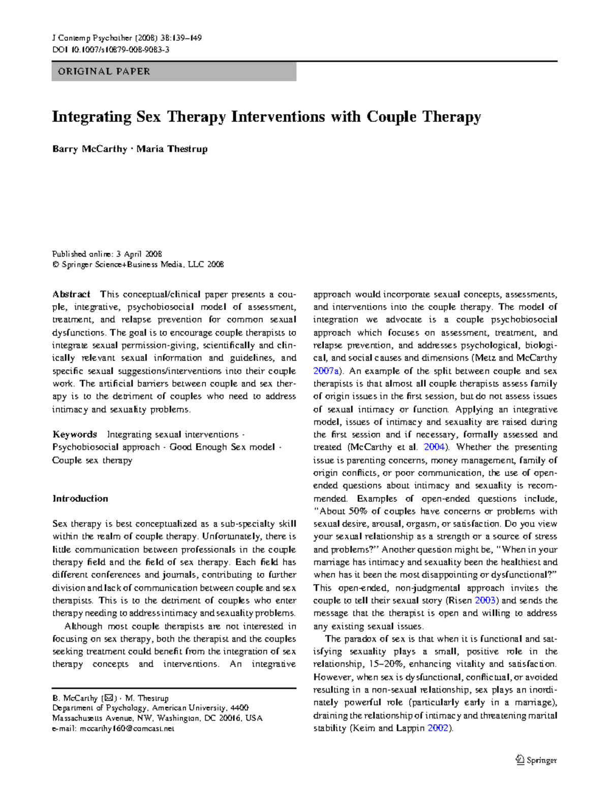 Integrating Sex Therapy in Couple Therapy: McCarthy-Thestrup 2008 ...
