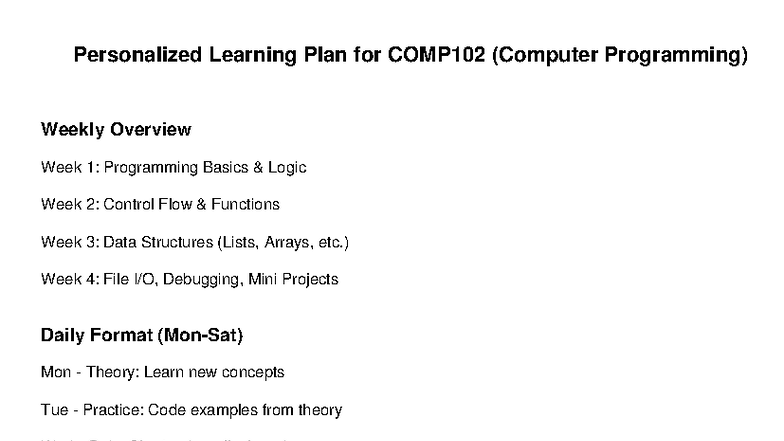 COMP102 Weekly Overview: Personalized Learning Plan for Programming ...