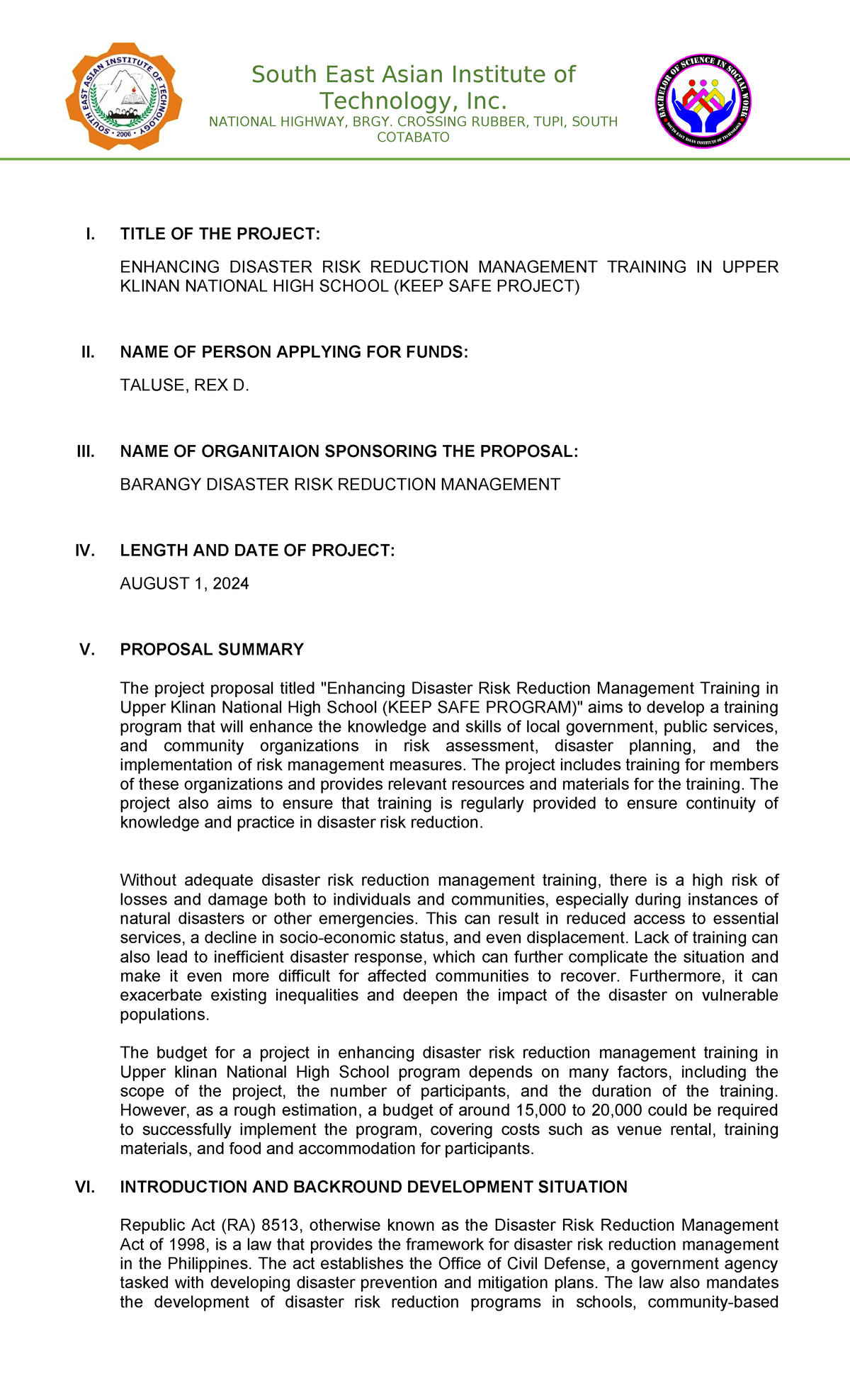 Enhancing Disaster Risk Reduction Training Proposal for Upper Klinan HS ...