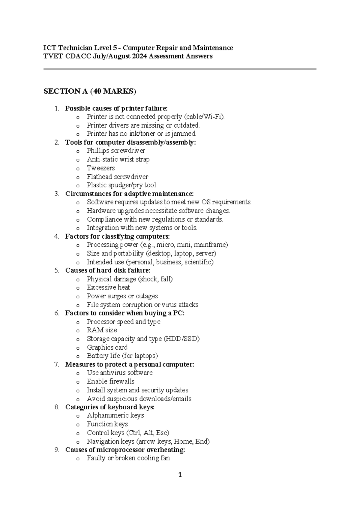 ICT Technician Level 5 Computer Repair & Maintenance Assessment Answers ...