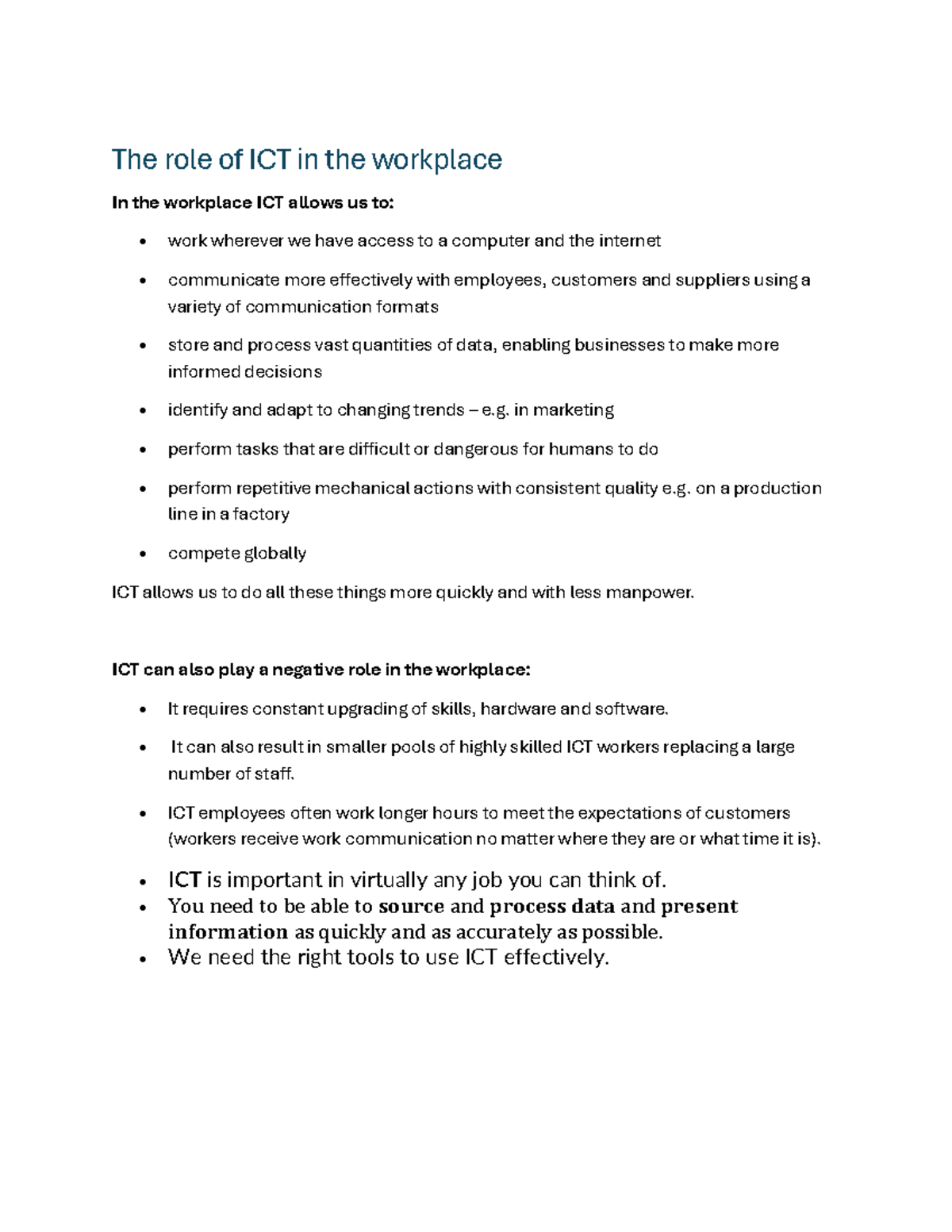 The Role of ICT in the Workplace: Impacts, Advancements & Devices - Studocu