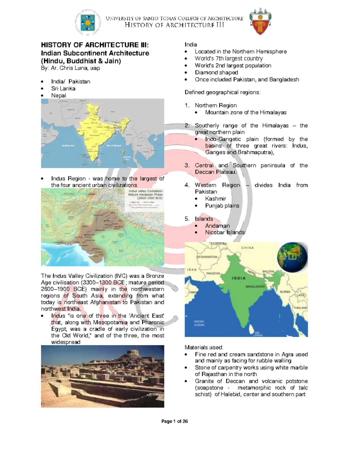 HIST 101: Architecture of the Indian Subcontinent Overview Handout ...