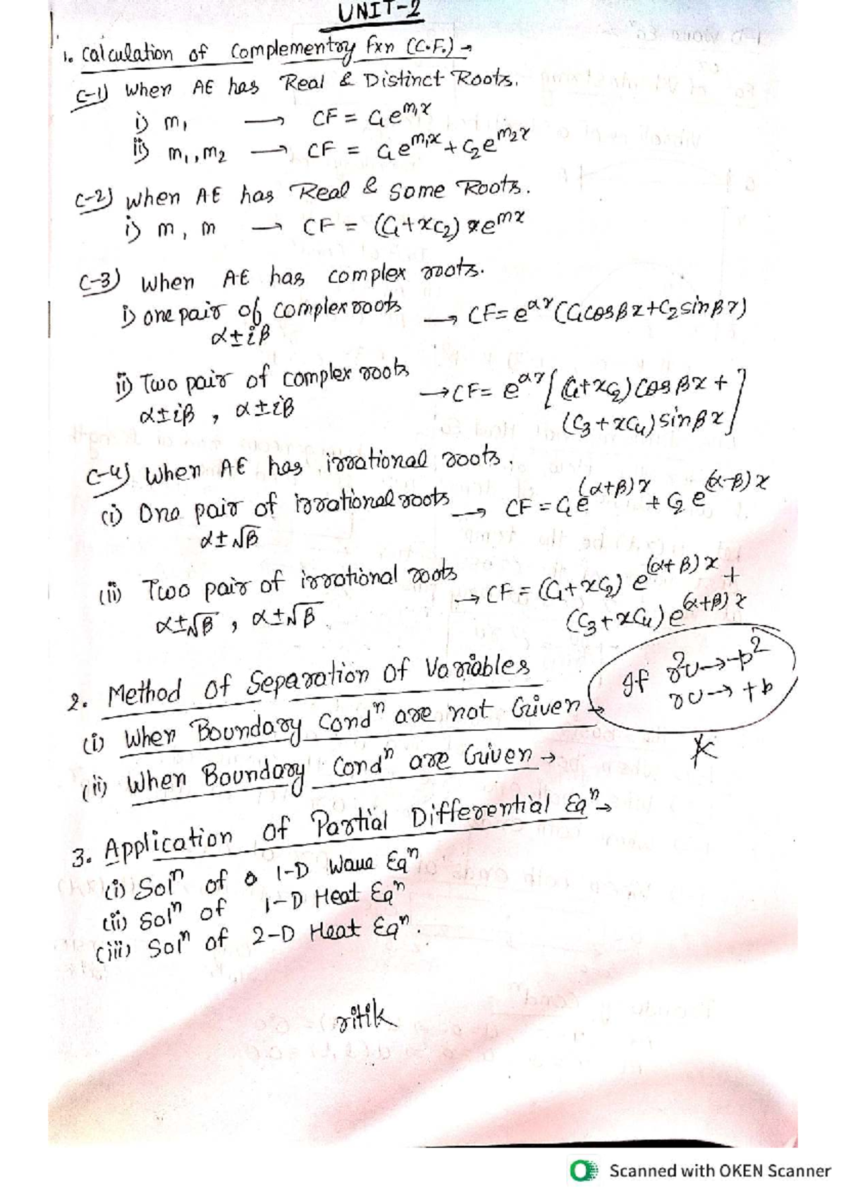 MAT 101: Complementary Functions & Heat Equation Analysis - Studocu