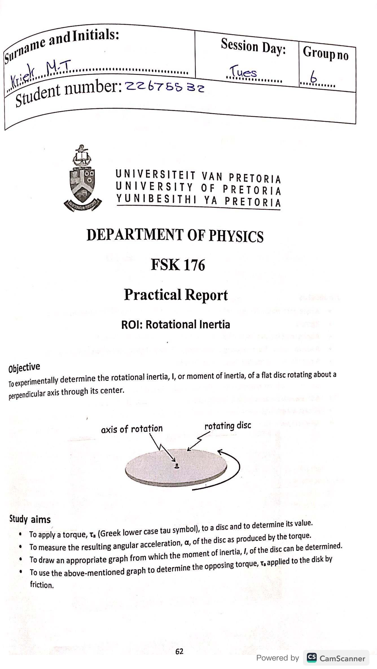 FSK 176 Practical Report: Determining Rotational Inertia of a Disc ...
