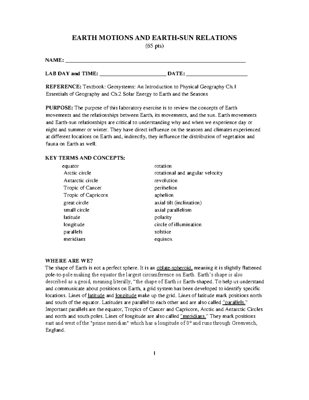 Earth Motions Lab: Understanding Earth-Sun Relationships - Studocu