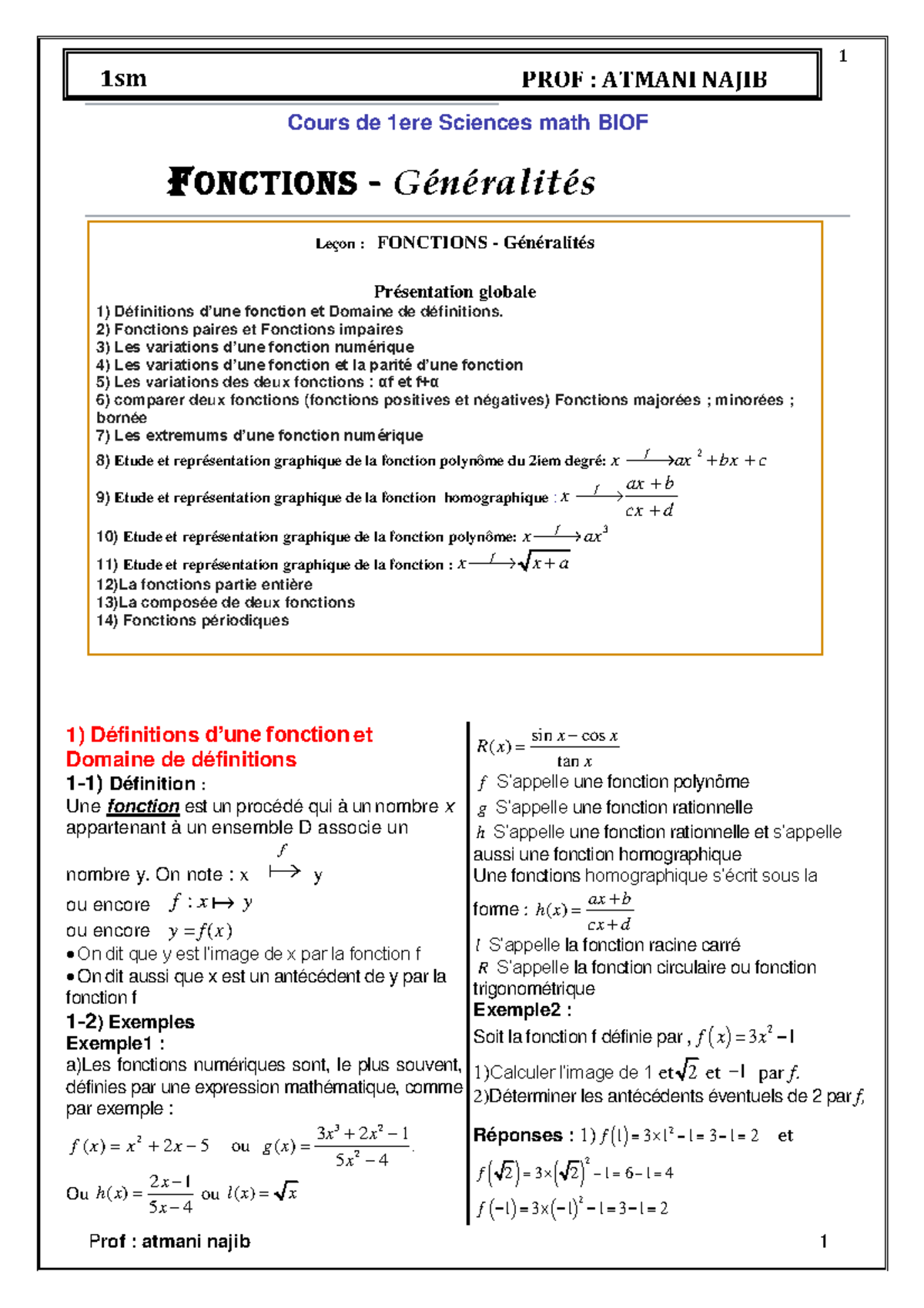 Généralités sur les Fonctions - Cours et Exos Corrigés 1BAC BIOF - Studocu
