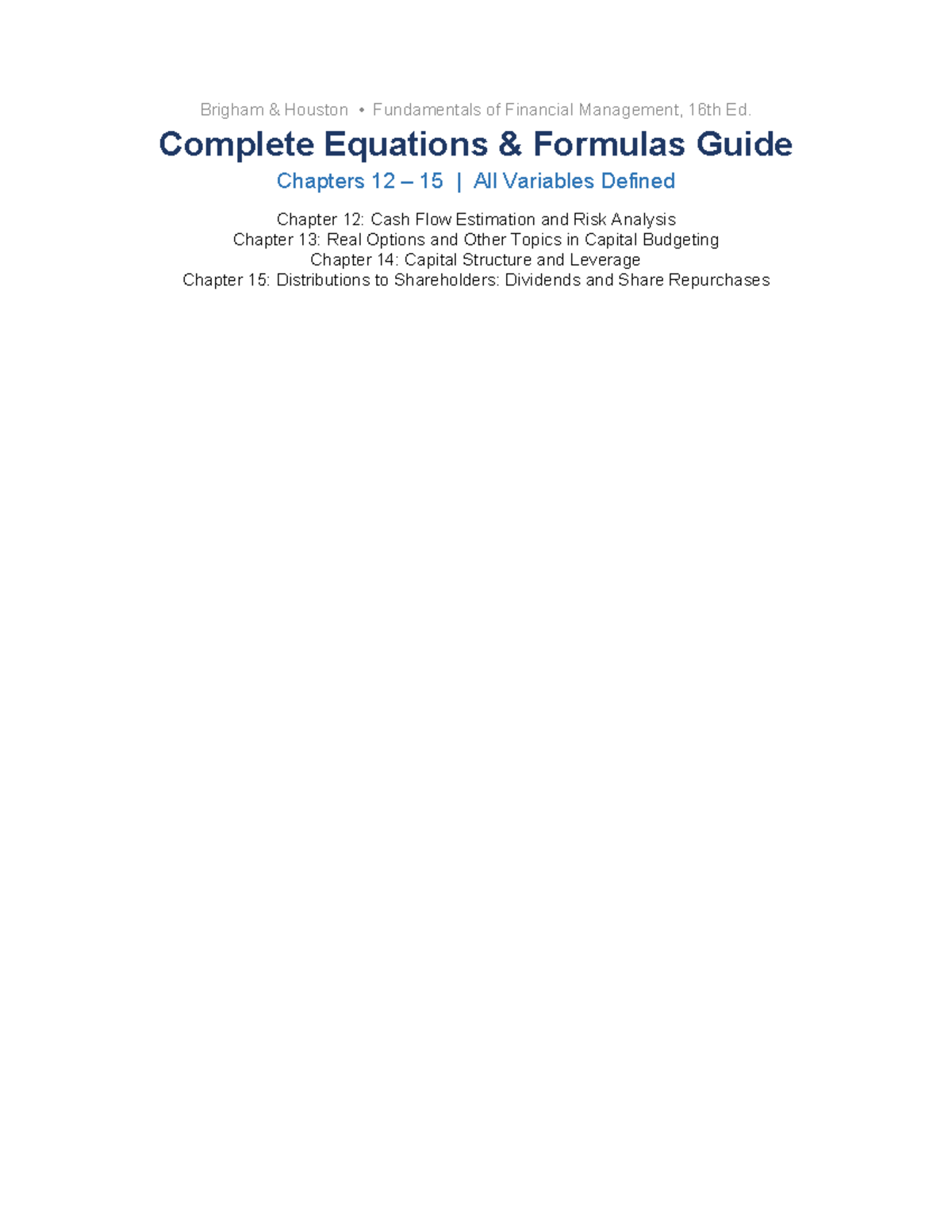 Brigham Houston Fundamentals of Financial Management, 16th Ed. Formulas ...