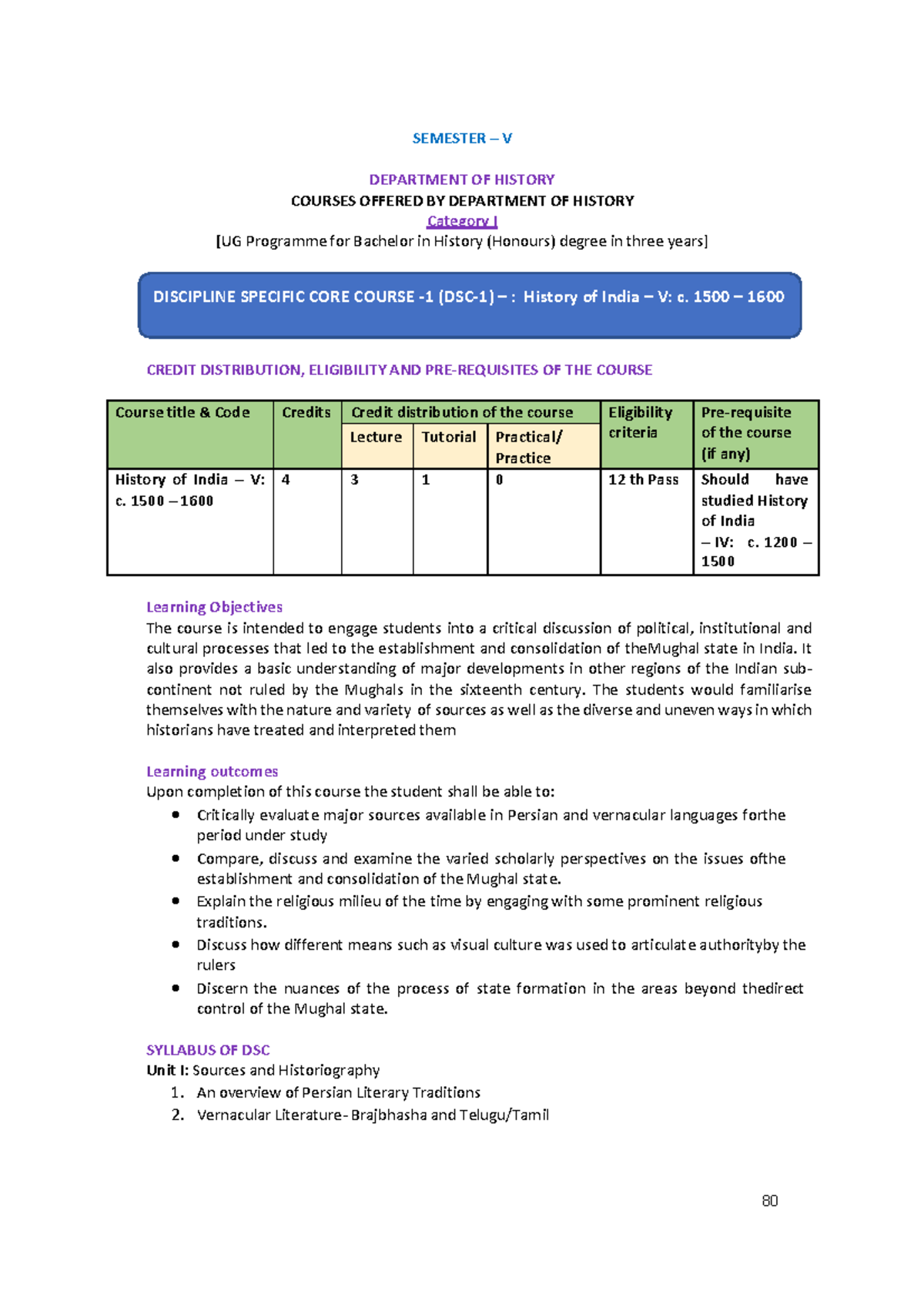 Fifth Semester BA History (Hons) Course Overview and Syllabus - Studocu