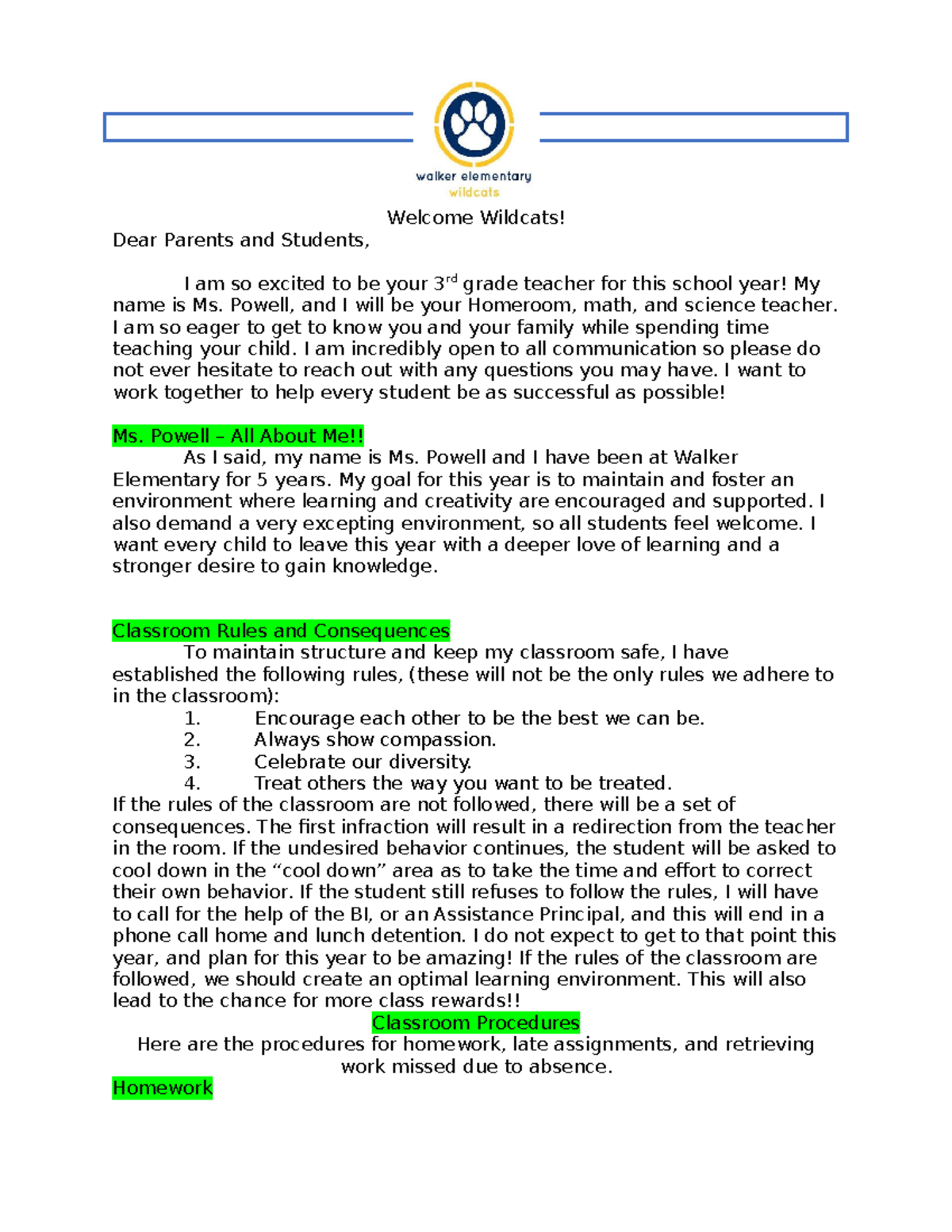 3rd Grade Cumulative Assignment Welcome Letter from Ms. Powell - Studocu
