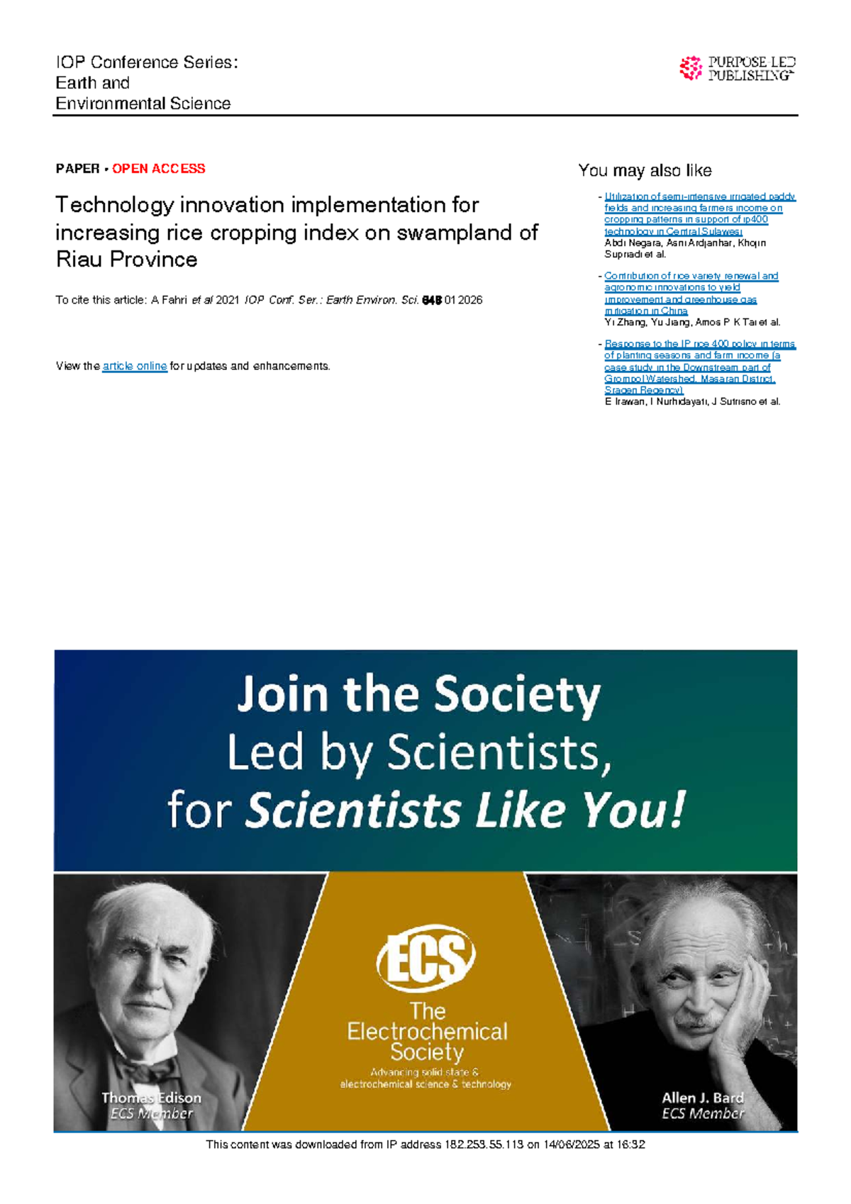 IOP Conf. Ser.: Earth Environ. Sci. 648 - Tech Innovations for Rice in ...