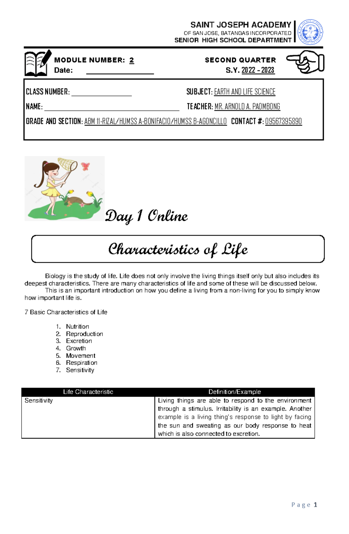 Earth and Life Science Module 2: Key Characteristics of Life - Grade 11 ...