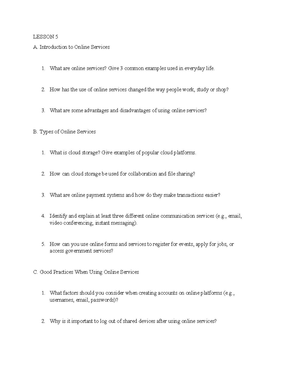 Lesson 5: Introduction to Online Services and Online Safety - Studocu