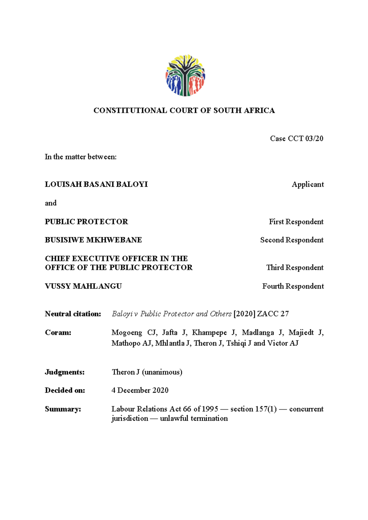 BALOYI v PUBLIC PROTECTOR Case Study: Jurisdiction Over Employment ...