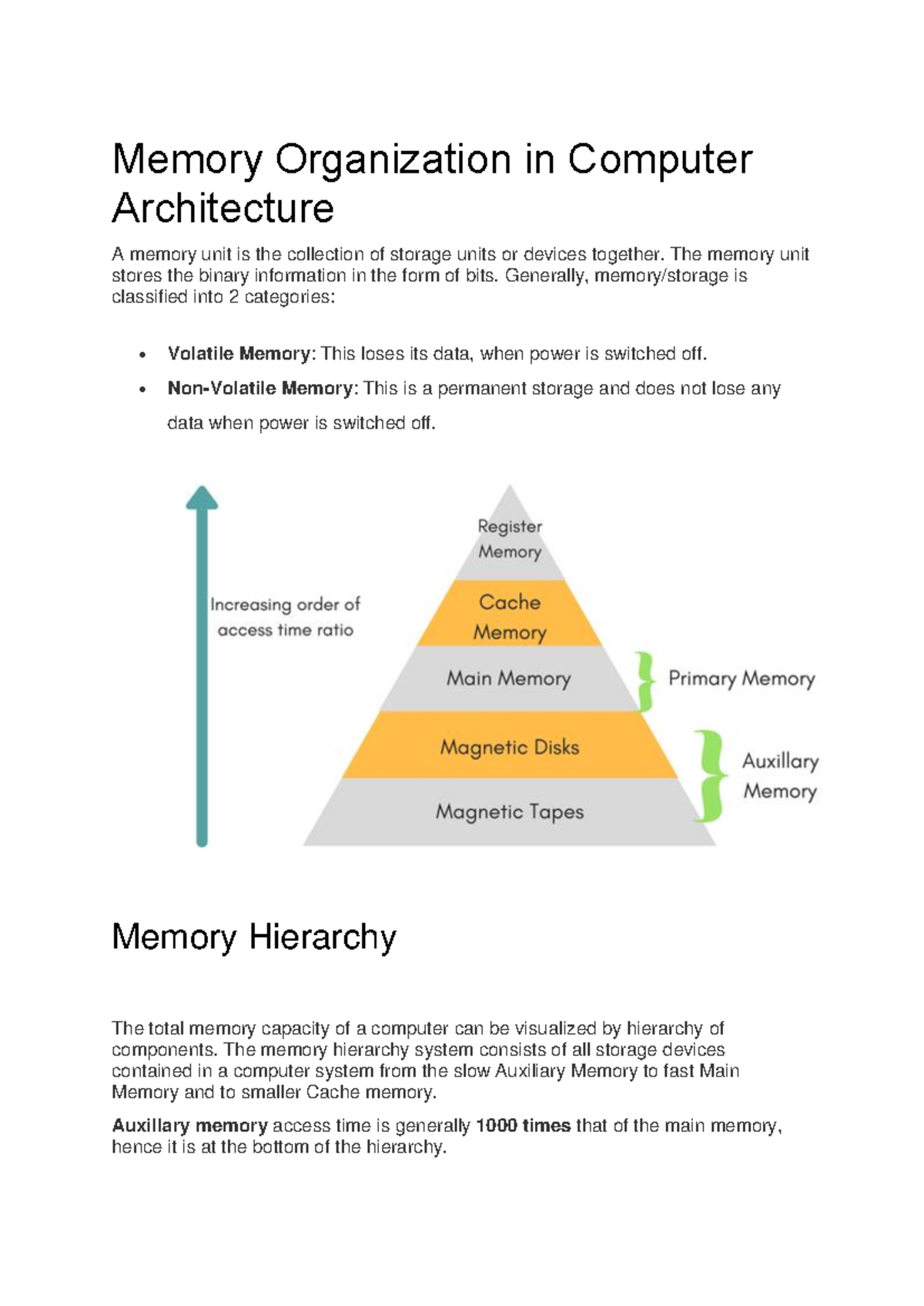Memory Organization in Computer Architecture - Module 4 COA COE - Studocu