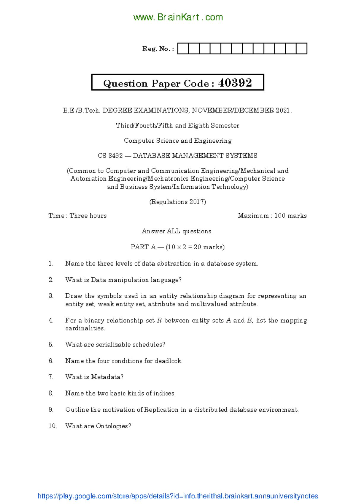 Database Management Systems - CS8492 2017 Reg. - QP Nov-Dec 2021 - Studocu