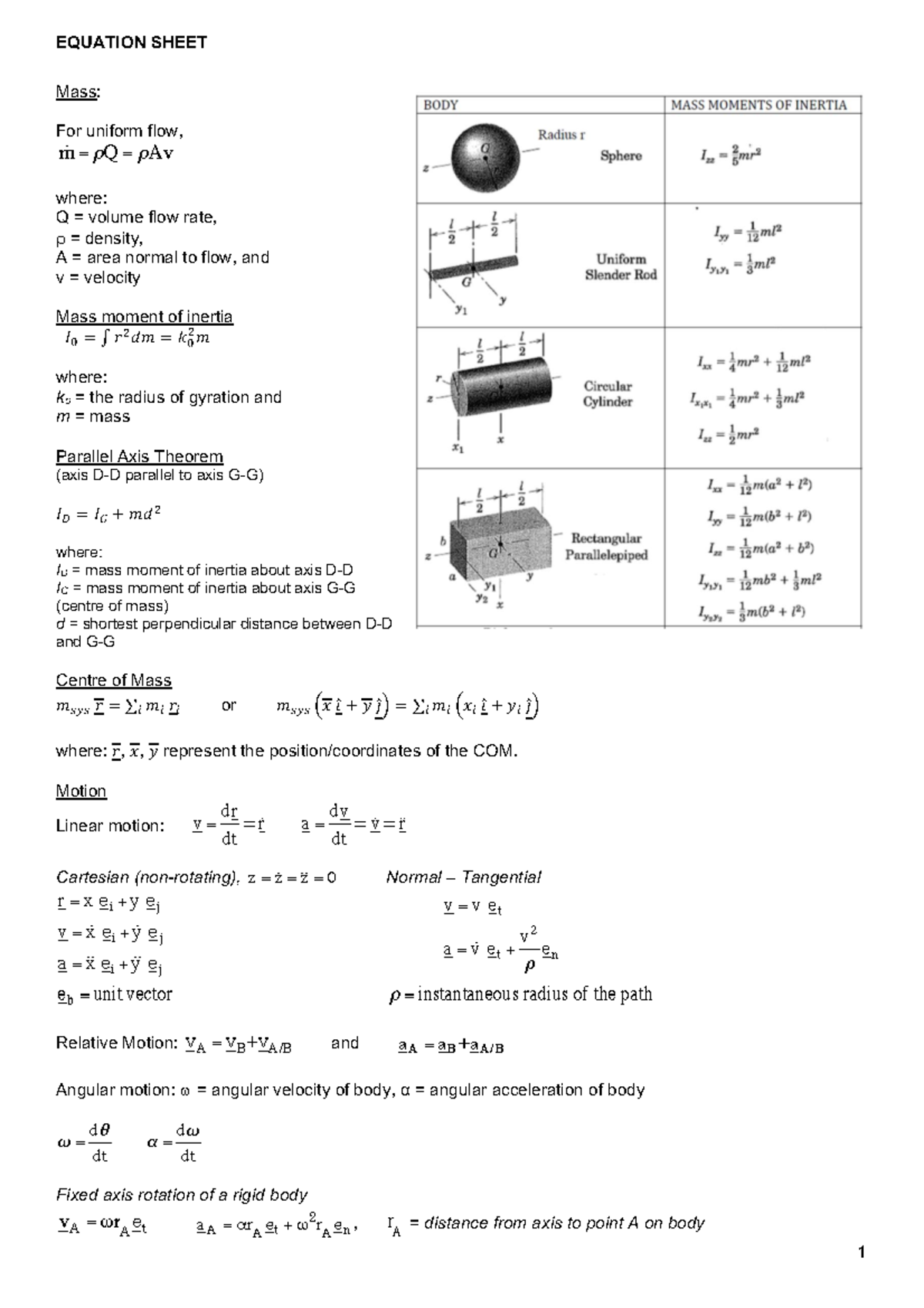 Example Equation Sheet for ENSC2004: Mass & Motion Concepts - Studocu