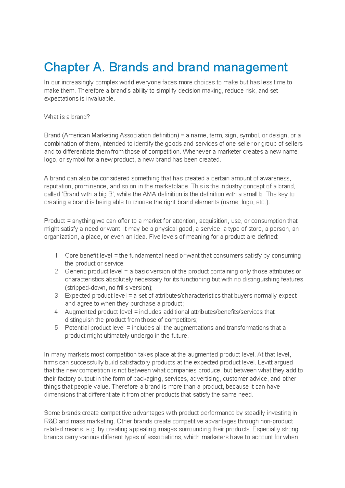 Chapter A: Understanding Brands and Brand Management - Studocu