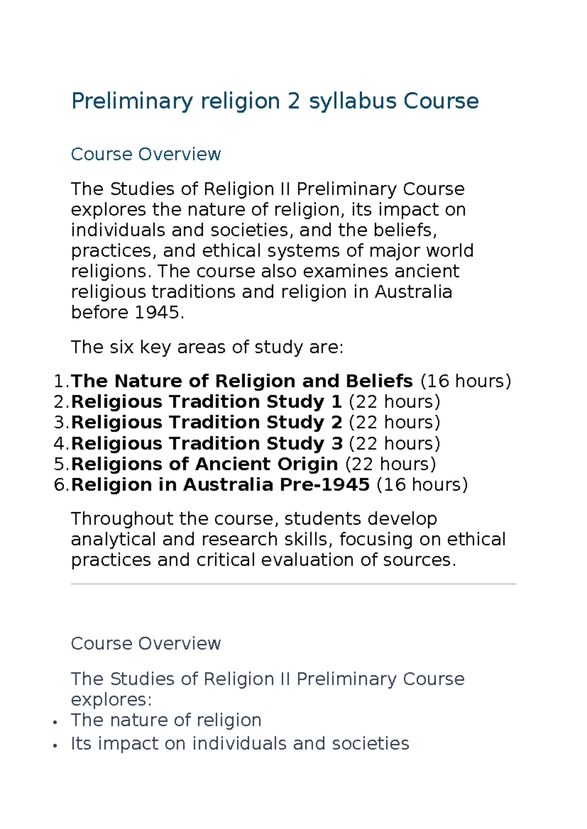 Preliminary Studies of Religion II Syllabus Overview - Studocu