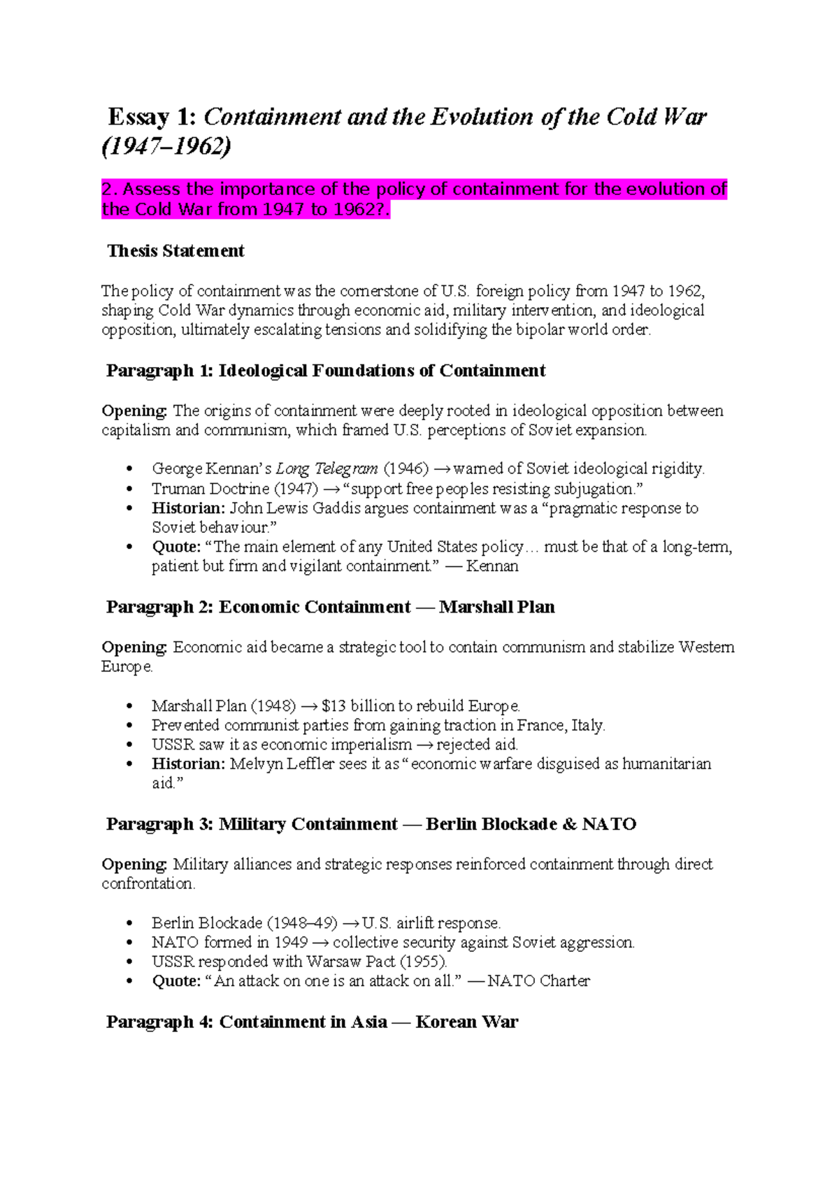Essay 1: The Role of Containment in Cold War Evolution (HIST 101) - Studocu