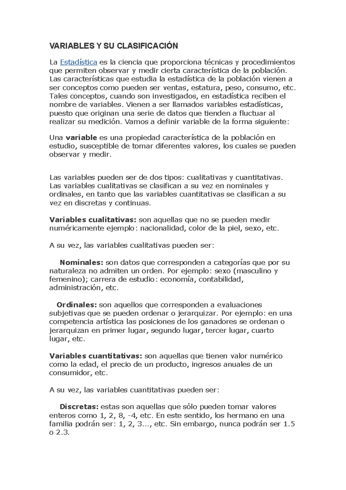 Variables Y SU Clasificación - VARIABLES Y SU CLASIFICACIÓN La ...