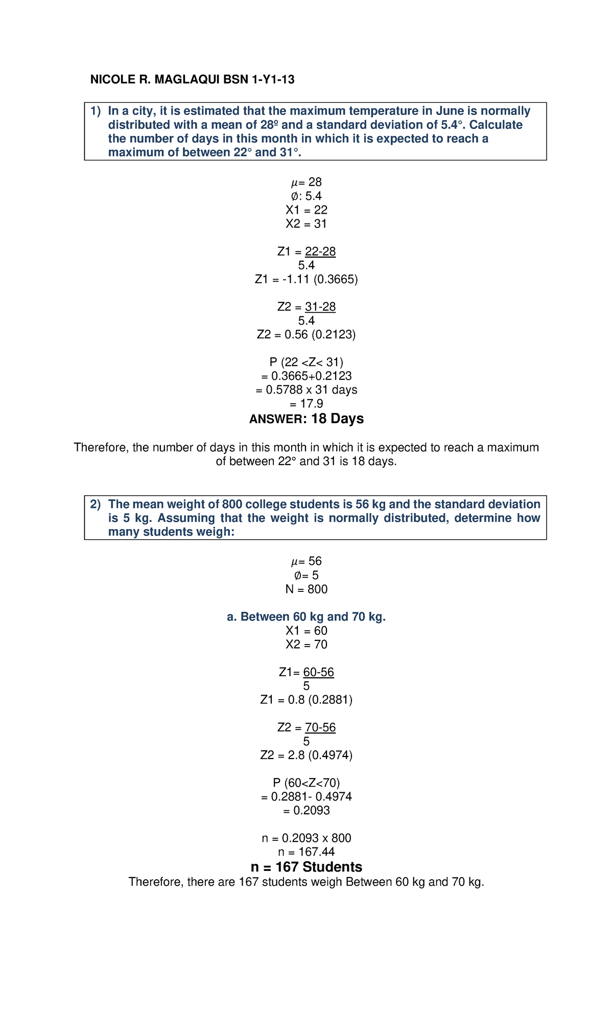 Normal Distribution Calculations - Maglaqui BSN 1-Y1 Final Exam - Studocu