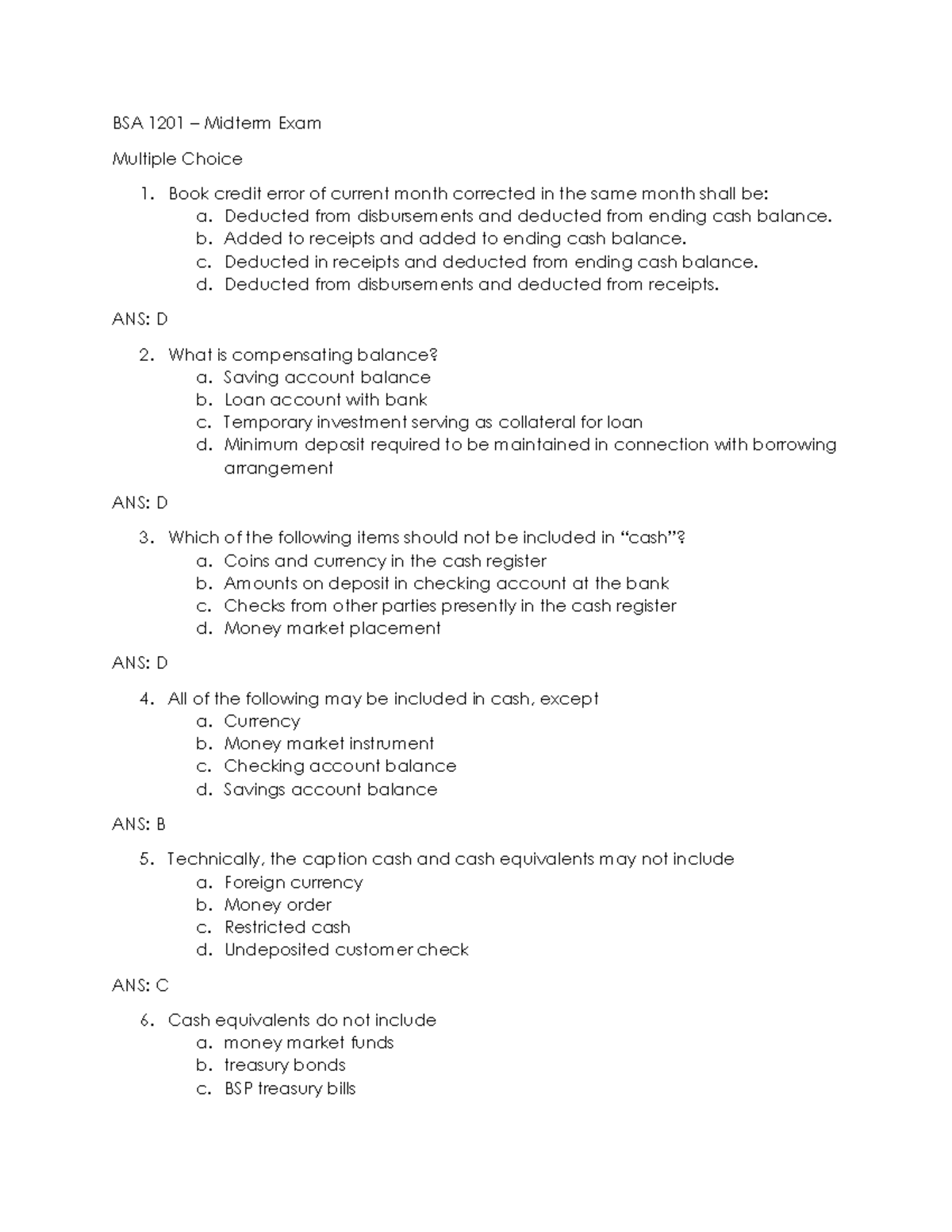 BSA 1201 Midterm Exam Answer Key: Cash & Cash Equivalents - Studocu