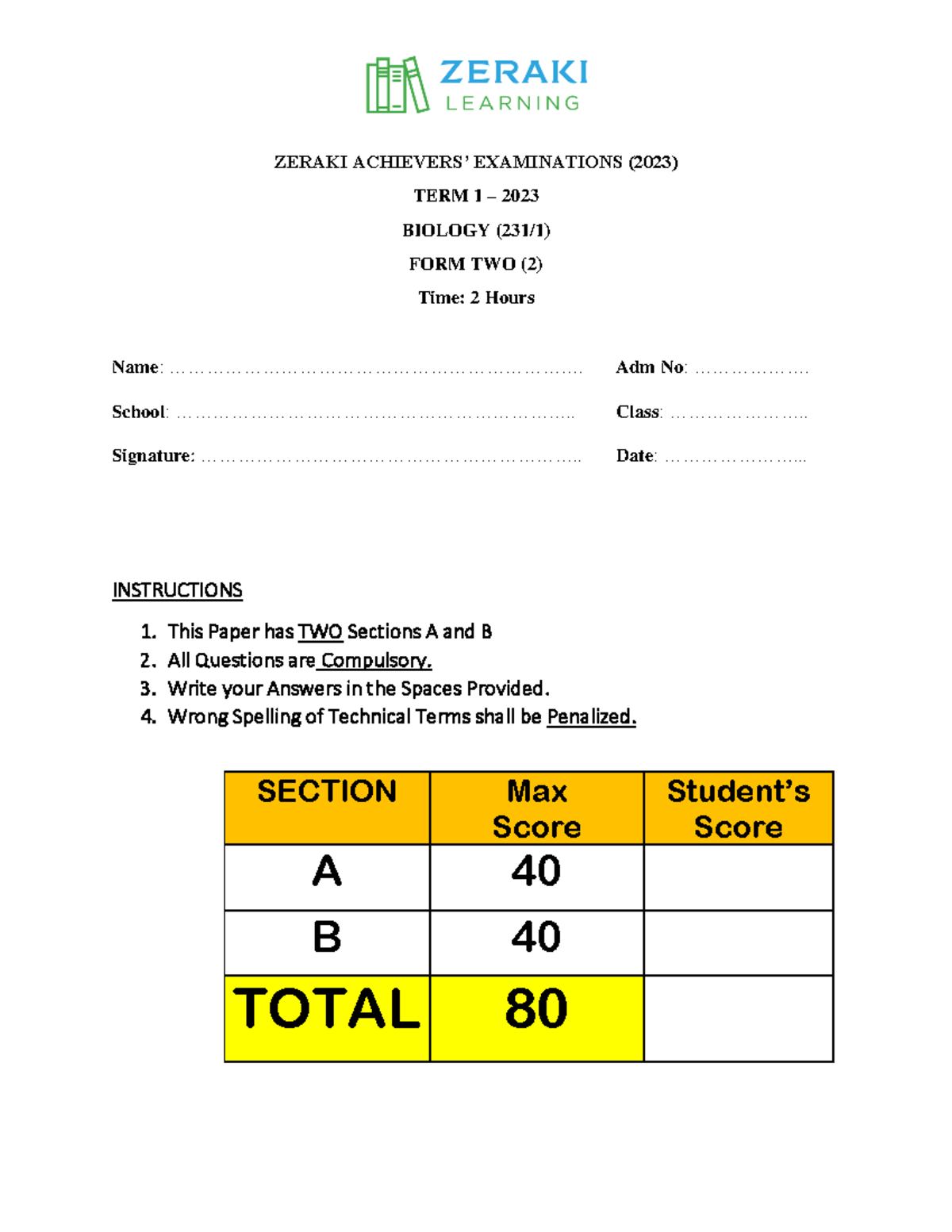 Biology Form 2 Term 1 Exam Paper (2023) - ZERAKI EXAMINATIONS - Studocu