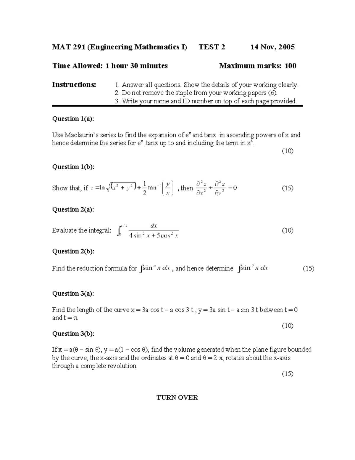 MAT 291 Test 2 - Engineering Mathematics I (14 Nov 2005) - Studocu