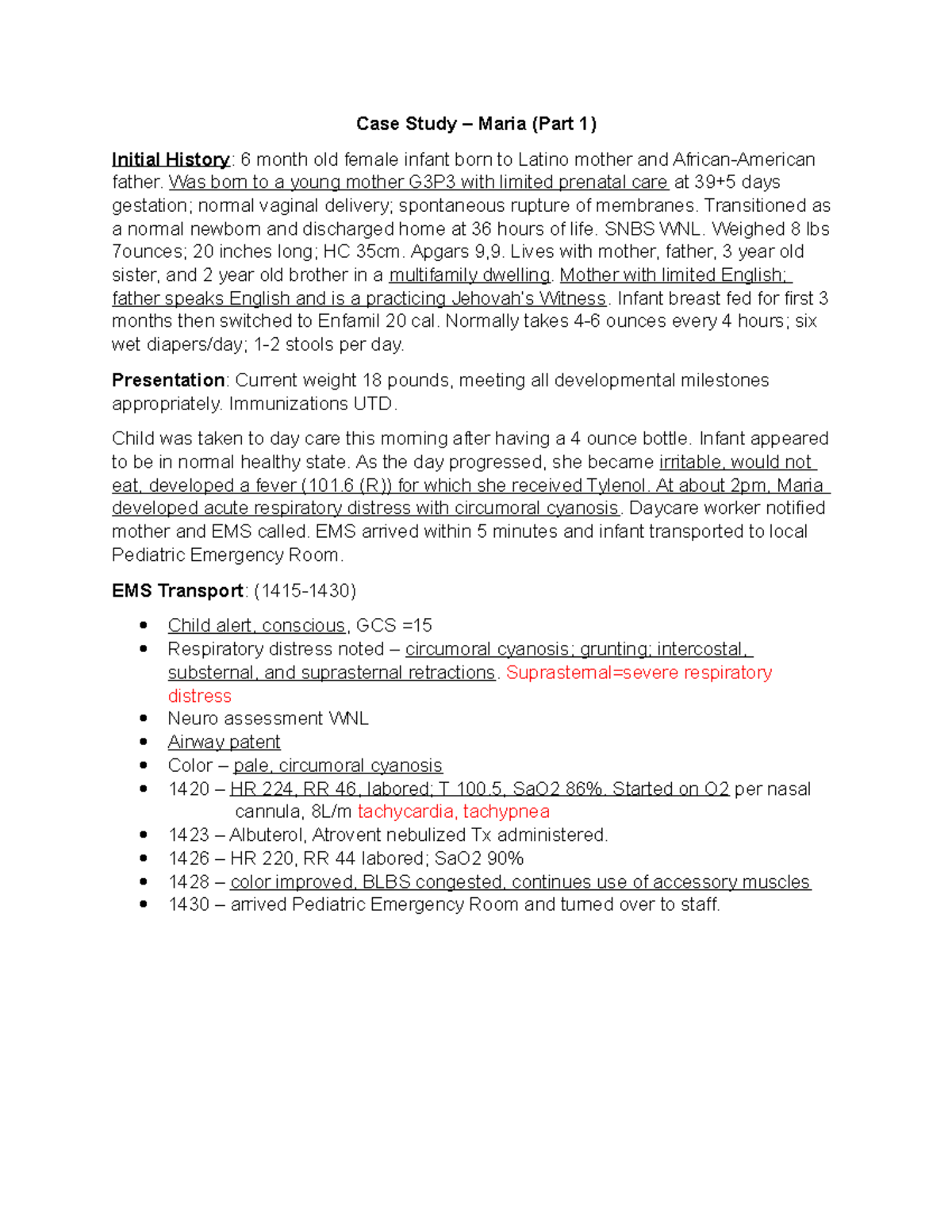Maria Case Study: Pediatric Respiratory Distress - Part 1 - Studocu