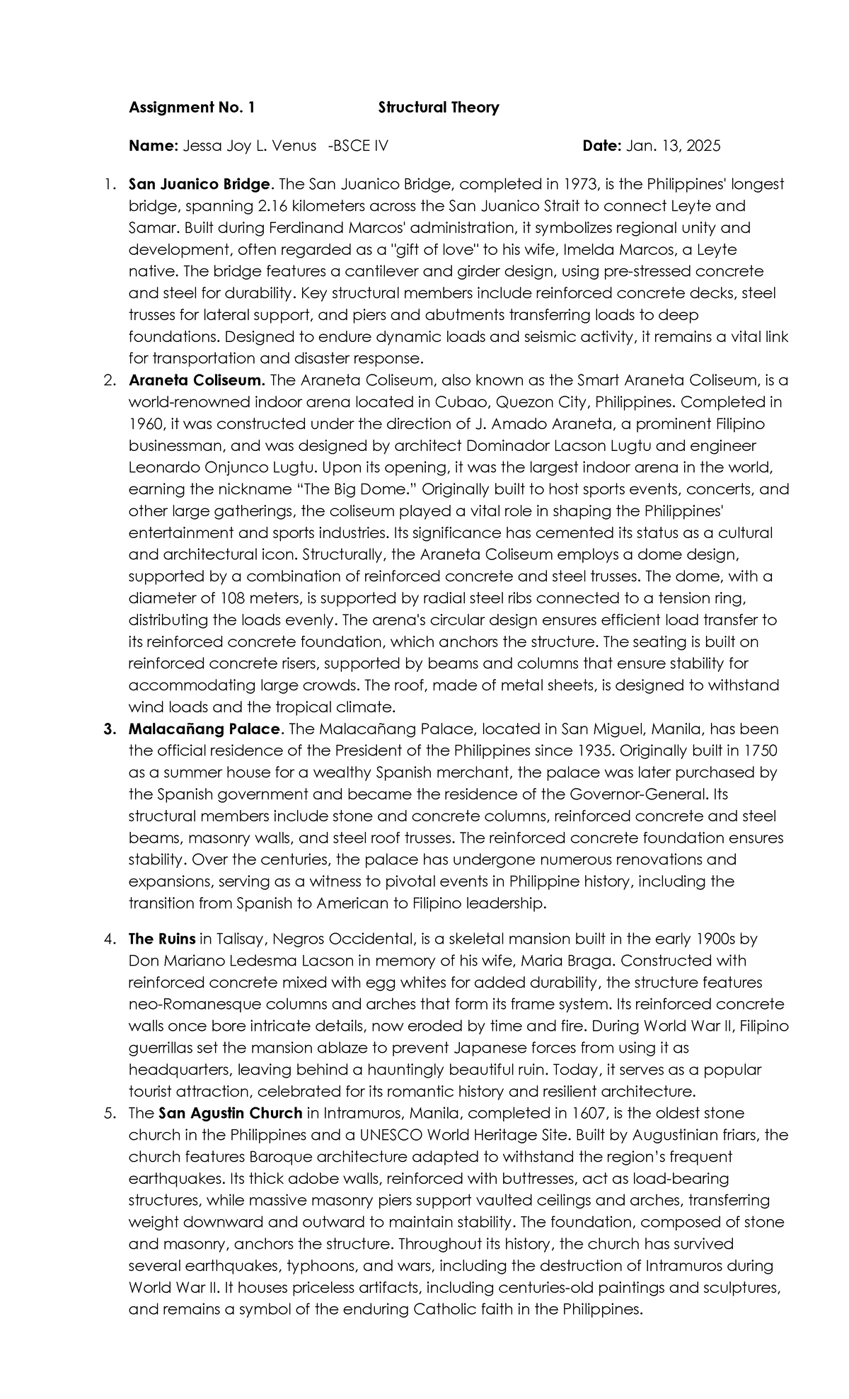 ST-Assignment-1 - structures in the Philippines - Assignment No. 1 Structural Theory Name: Jessa ...
