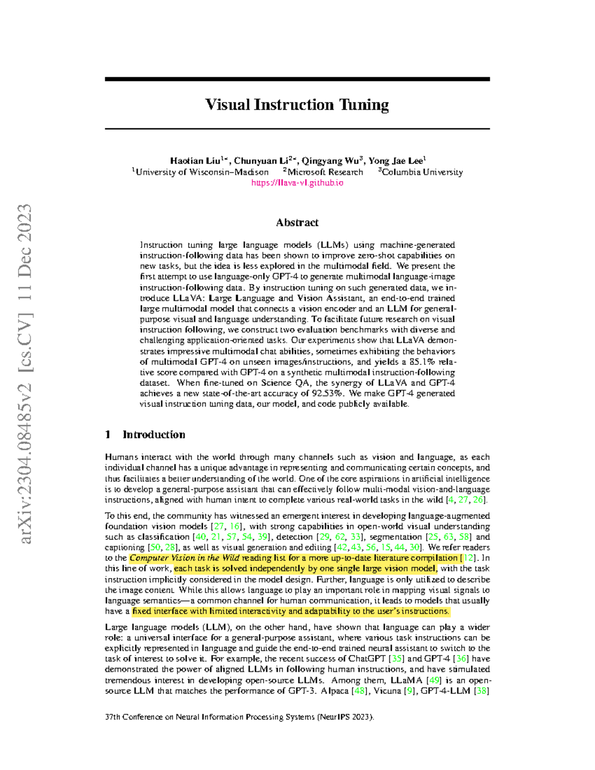 LLaVA: Visual Instruction Tuning in Large Language Models (NeurIPS 2023 ...
