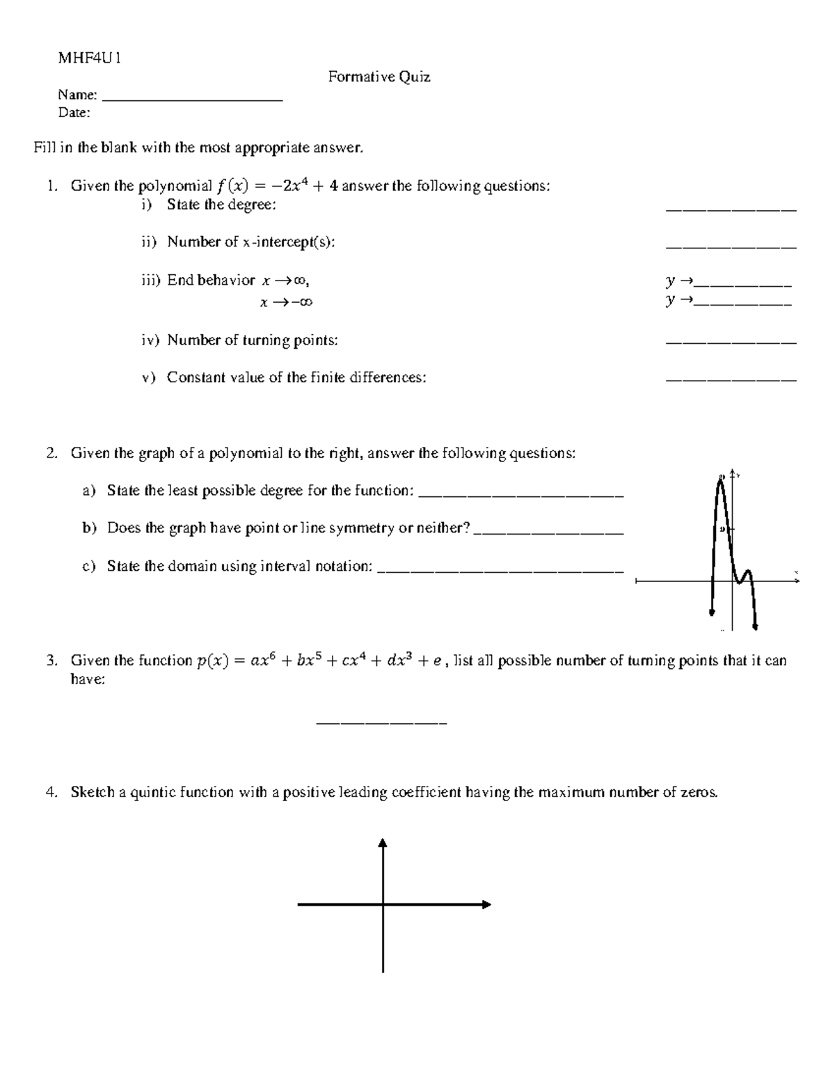 MHF4U Unit 1 Quiz - Polynomial Function Practice Test - Studocu