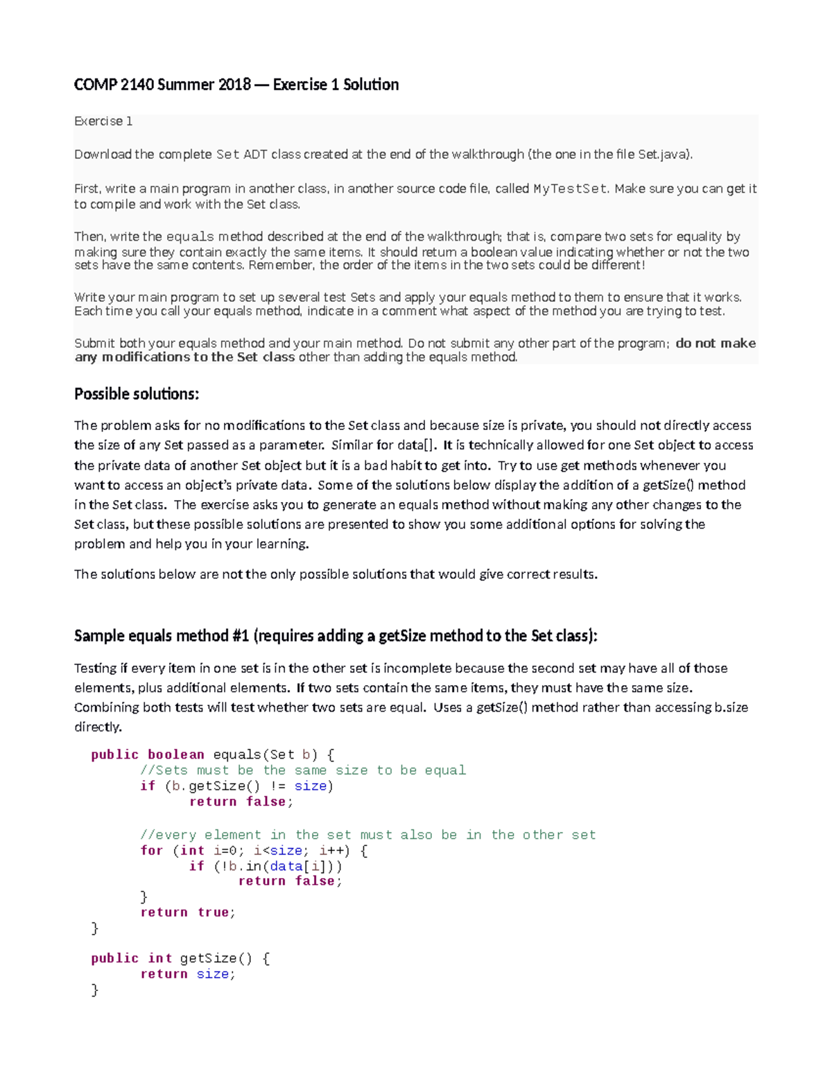Exercise Solutions - COMP 2140 Summer 2018 - Exercise 1 Solution Exercise 1 Download the ...
