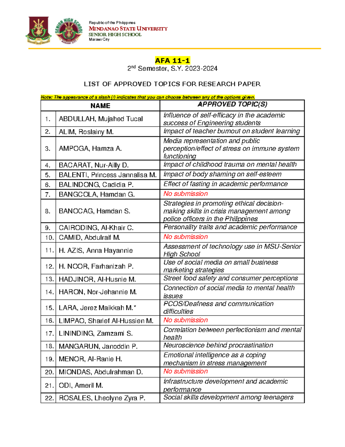 AFA 11-1: Approved Research Paper Topics for 2nd Semester 2023-2024 ...